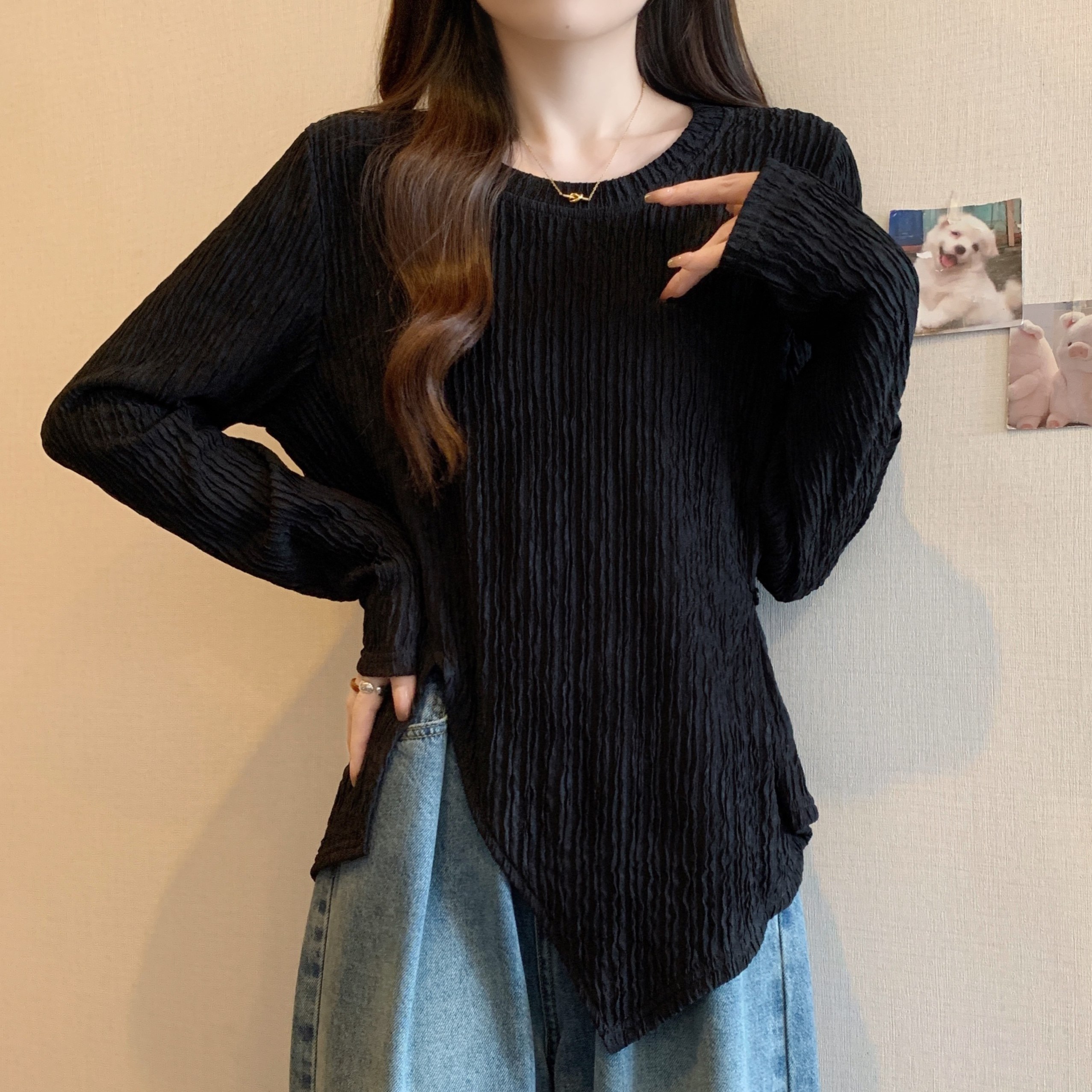 Irregular Black Base Shirt Women's Autumn and Winter plus size chubby ...