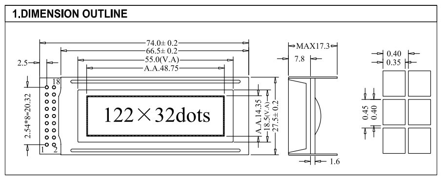 12232-6 2.0寸STN图形液晶模块 122*32点阵 黄绿模 正显 18pins 并口数据 12232-6, HS12232-4 ...