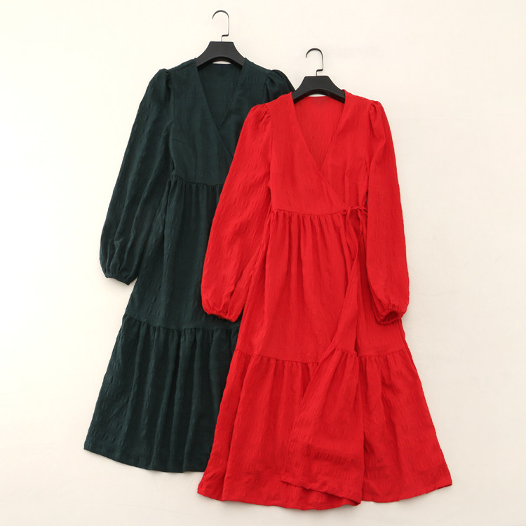 22651瑞典单~泡泡褶肌理交叉V领系带长袖层叠A字裙连衣裙中裙0.4-淘宝网